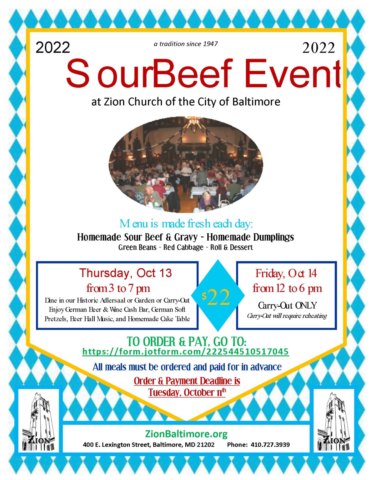 Sour Beef Dinner October 13 & 14, 2022 – Zion Church of the City of ...